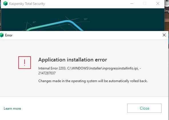 Cannot Reinstall Error Code 2203 Kaspersky Total Security 