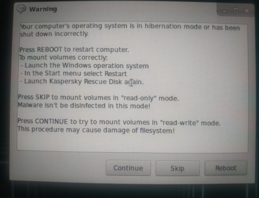 KRD Warning: Your computer's OS is in hibernation mode or has been shut ...